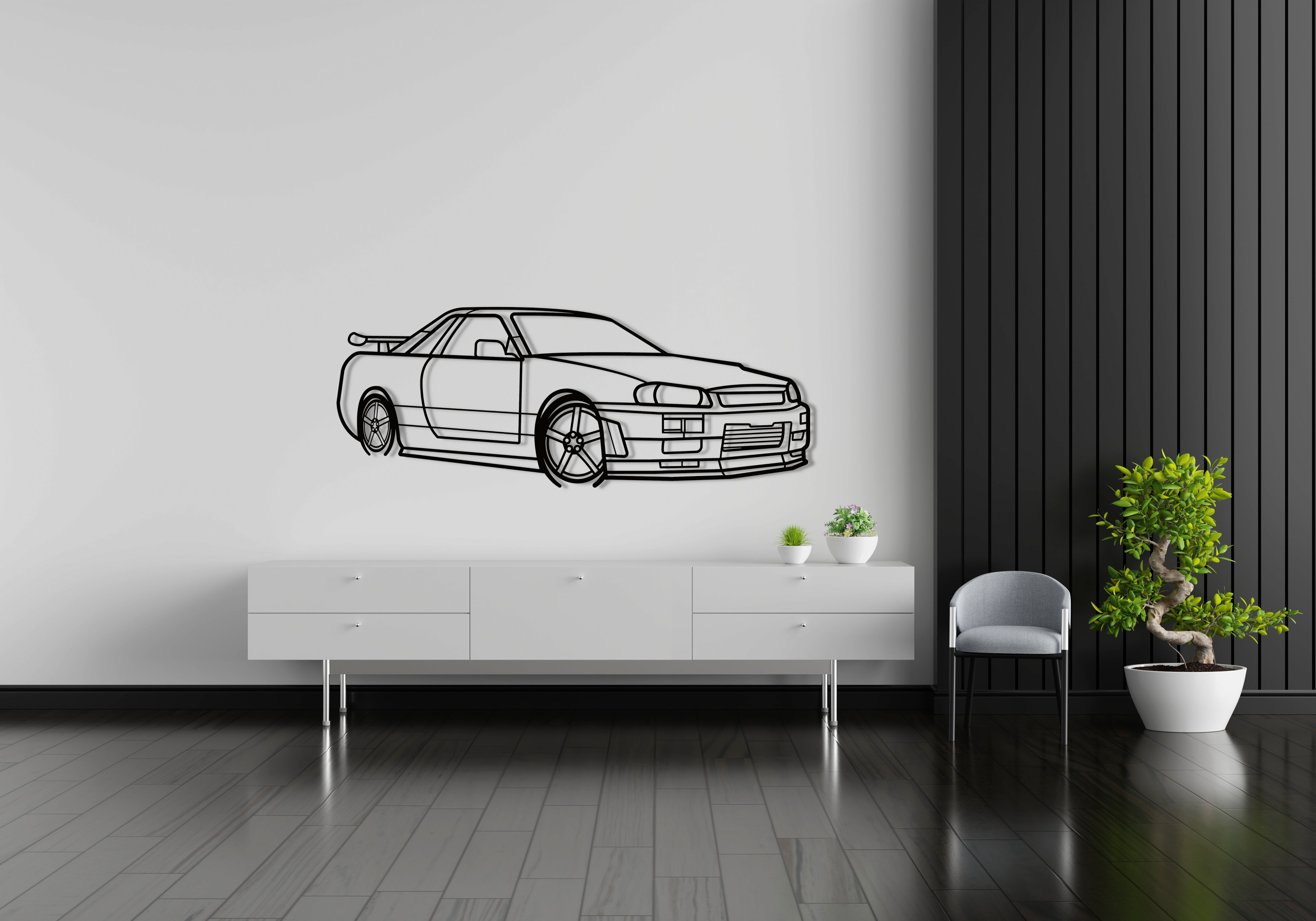 Nissan Skyline R34 GT-R Metallsilhouette - Wandbild Front Angle ...
